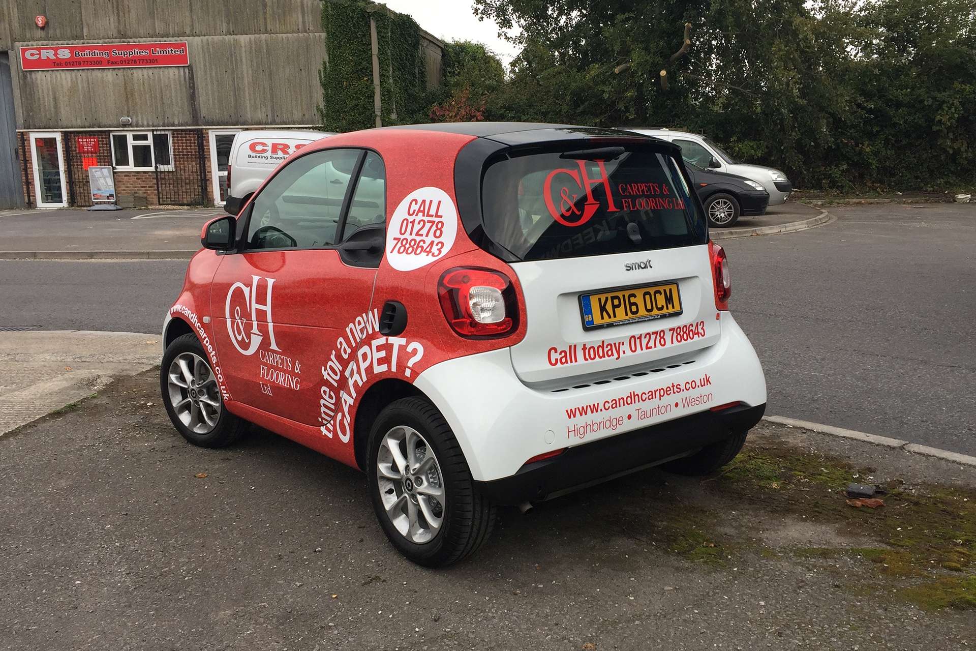 C&H Carpets Smart Car vehicle wrap in highbridge, Somerset